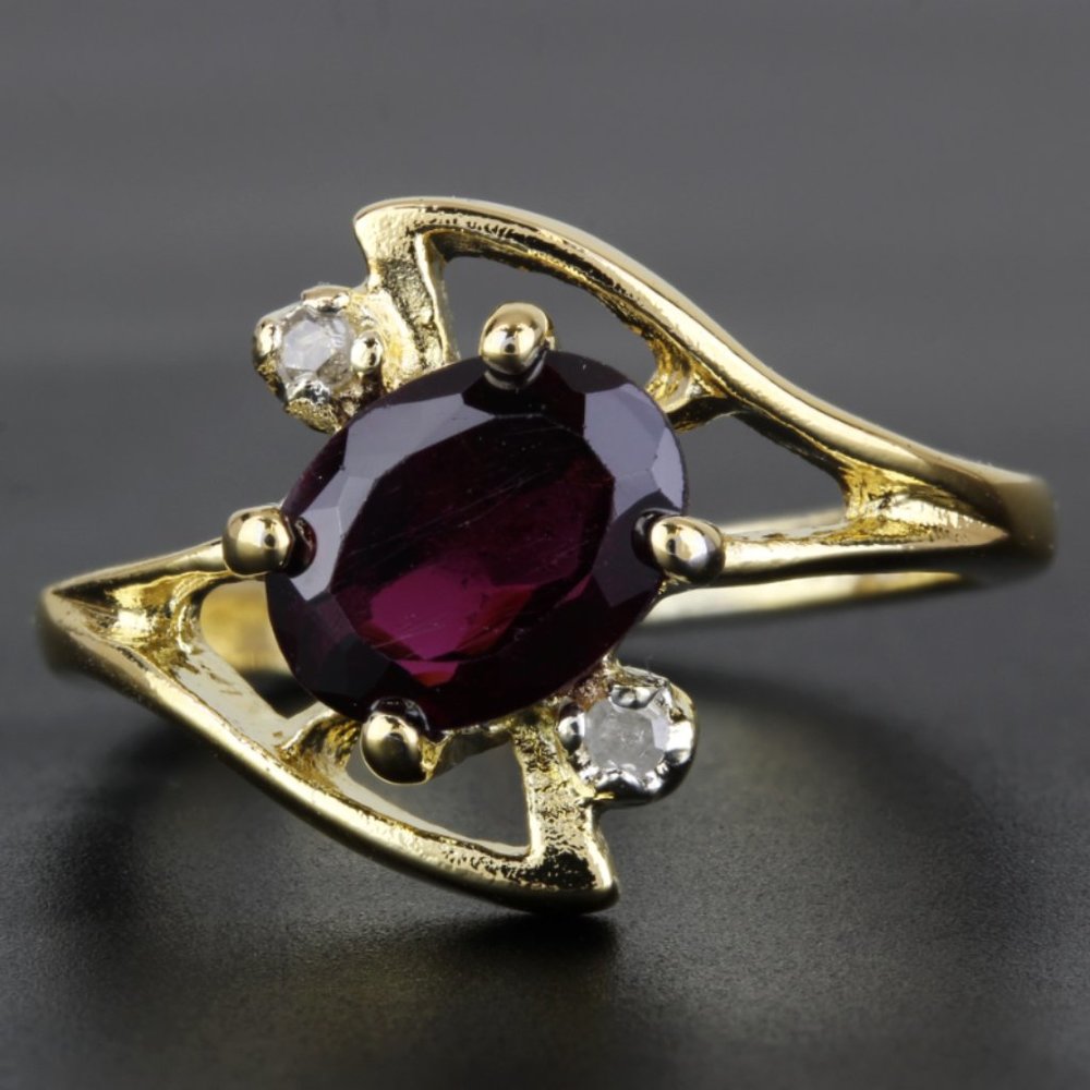 24k Gold Electroplated Garnet + Diamond Ring - Gem
